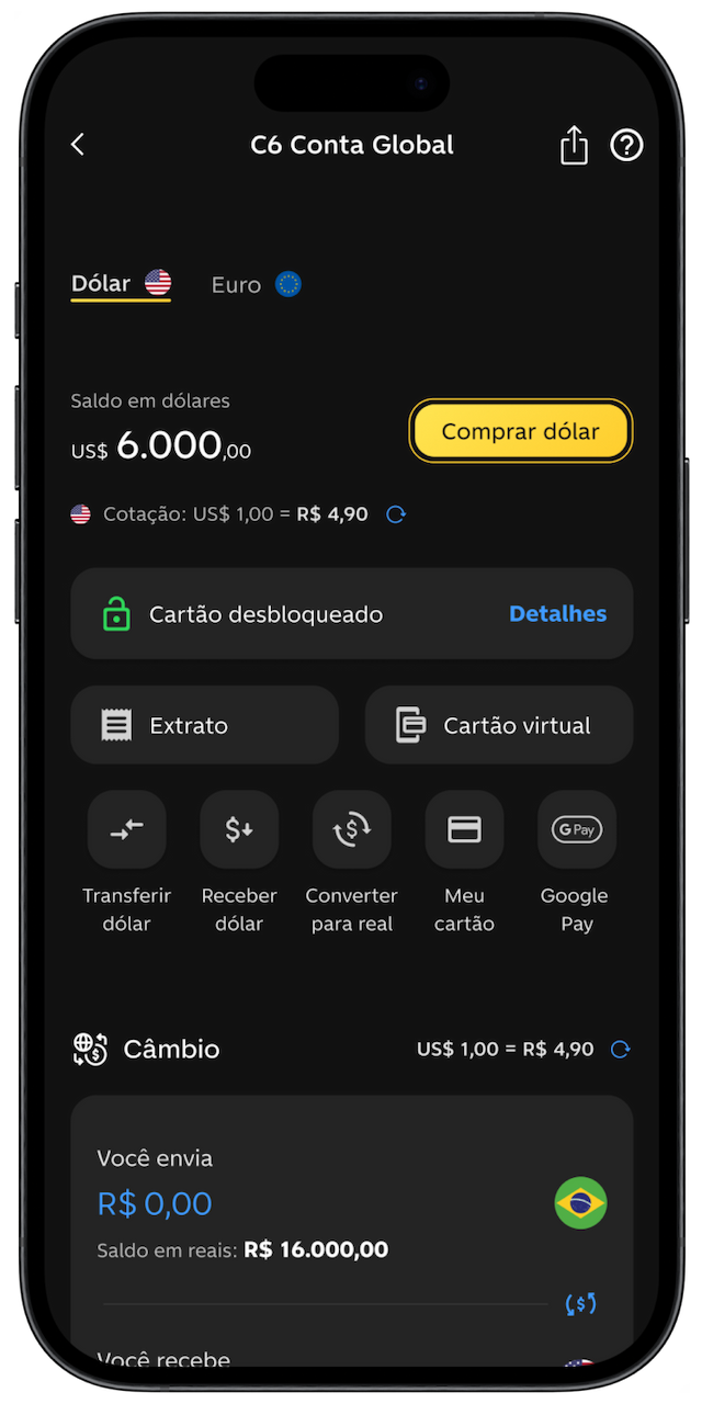 Câmbio: Dólar e Euro Com Menos Taxas com a C6 Conta Global